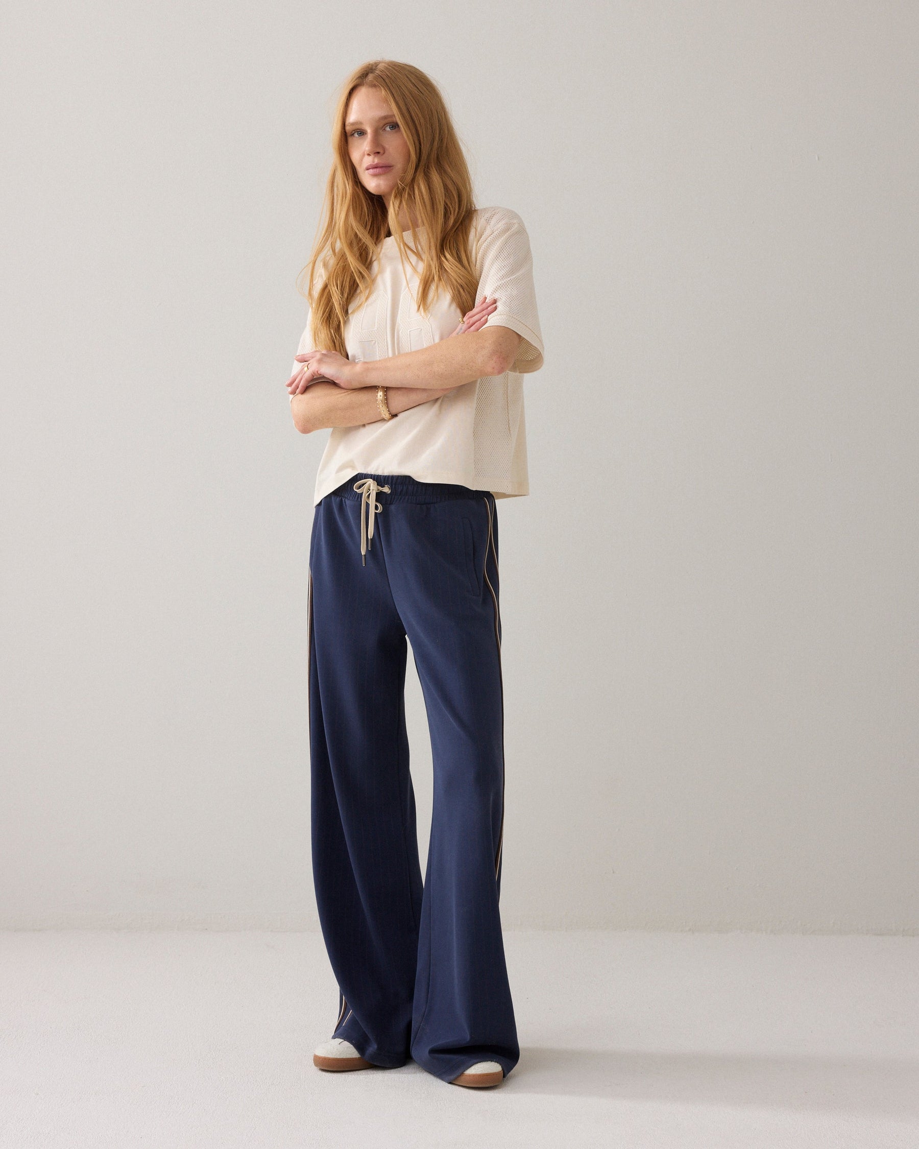 Shop Summum Woman Midnight Blue Pinstripe Trousers - 4S2923 | Vanity Fair